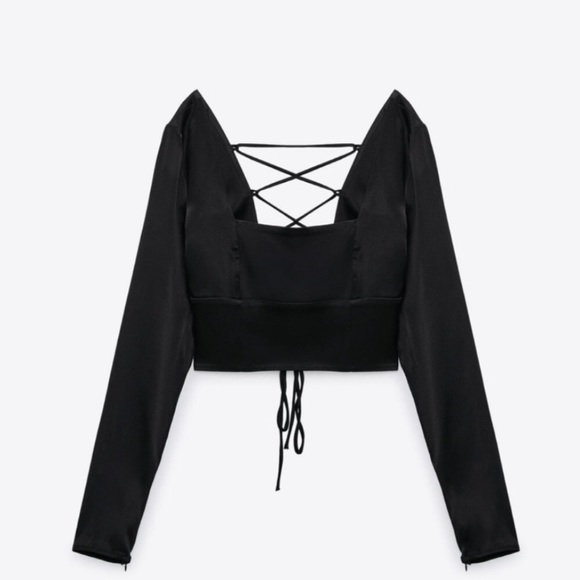 Zara | Tops | Zara Black Satiny Long Sleeve Laceup Back Top | Poshmark
